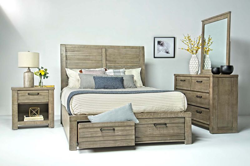 Ruff Hewn Panel Bed w/ Storage, Dresser & Mirror in Gray, California K